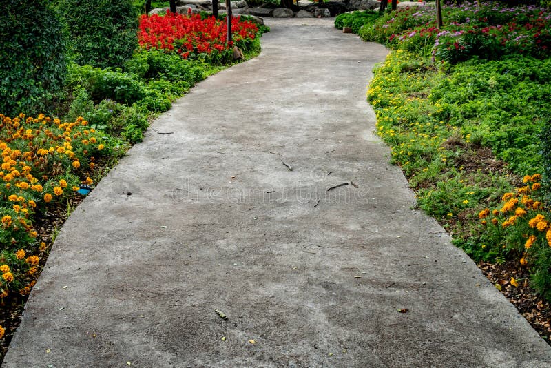 Concrete Pathway in park stock image. Image of leaf, sidewalk - 83434947