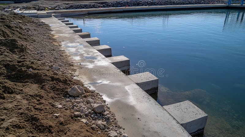 Concrete Pathway with Protruding Rectangular Blocks Along a Waterfront ...
