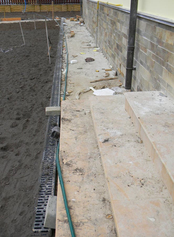 Concrete Pathway Under Construction with Rainwater Drainage System for ...