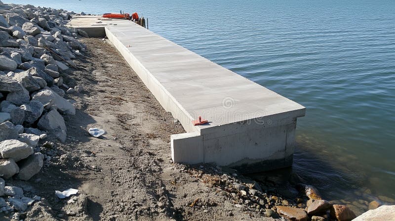 Concrete Pier Extending into Calm Water, with a Rocky Shoreline on the ...