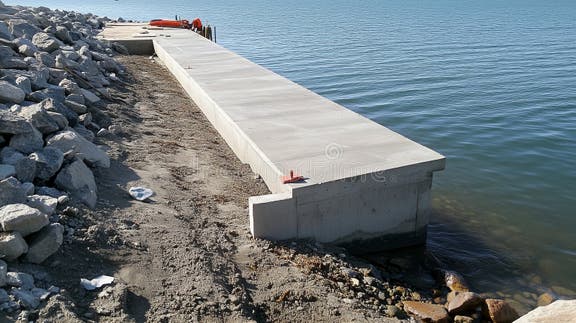 Concrete Pier Extending into Calm Water, with a Rocky Shoreline on the ...