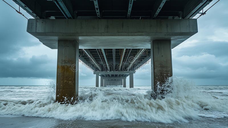 Concrete Pier Stretching Over Turbulent Ocean Waves, Viewed from ...