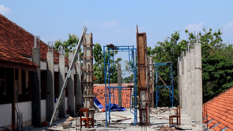 Concrete Pillars on Industrial Construction Site. Building of with ...