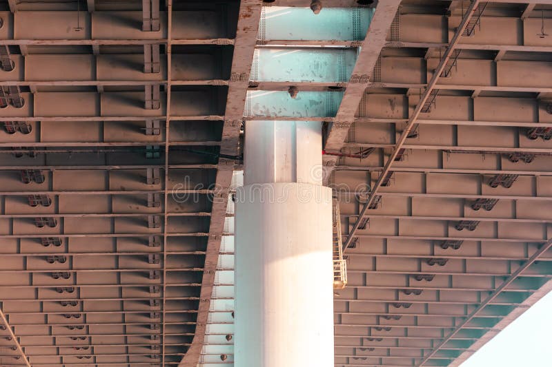 Concrete Pillars of a Large Bridge. Bottom View Stock Photo - Image of ...