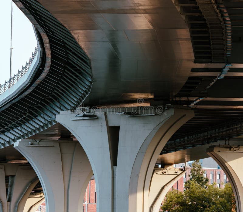 Concrete Pillars of a Large Bridge. Bottom View Stock Photo - Image of ...