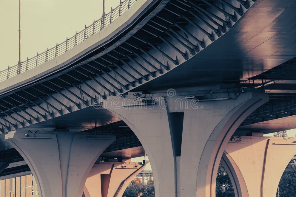 Concrete Pillars of a Large Bridge. Bottom View Stock Image - Image of ...