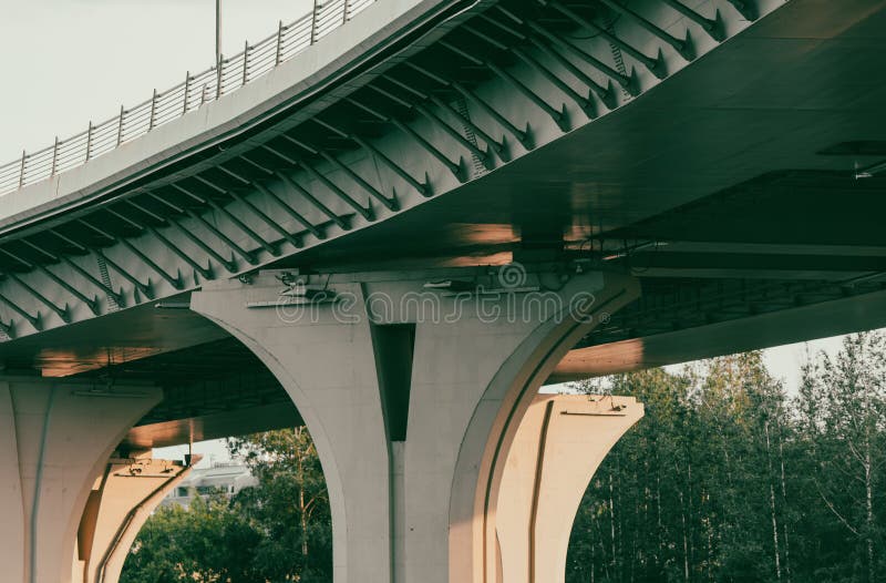 Concrete Pillars of a Large Bridge. Bottom View Stock Photo - Image of ...