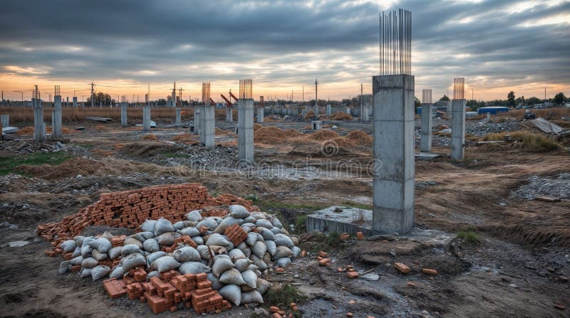 Concrete Pillars Rising on Construction Site at Sunset with Building ...