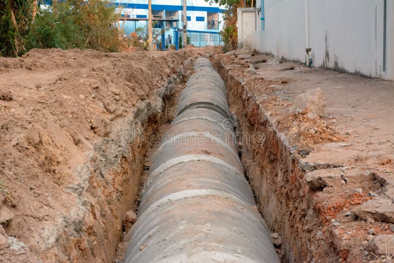 Concrete Pipeline Construction Site Along the Road Stock Image - Image ...