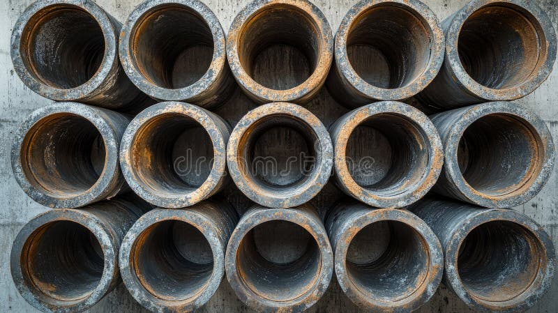 Concrete Pipes Stacked in a Symmetrical Pattern. Stock Photo - Image of ...