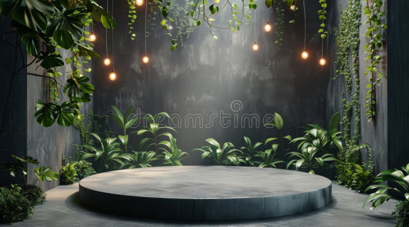 Concrete Platform Surrounded by Lush Greenery and String Lights Stock ...