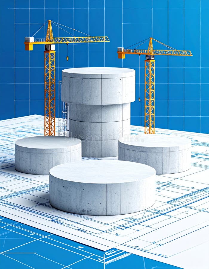 Concrete Podium with Construction Cranes on Blueprint Stock ...
