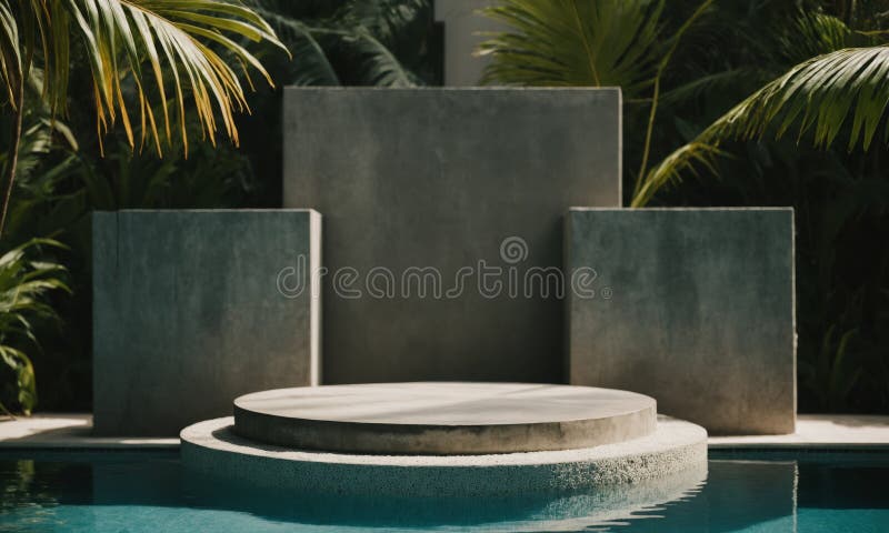 Concrete Podium with Round Platform by Swimming Pool Stock Illustration ...