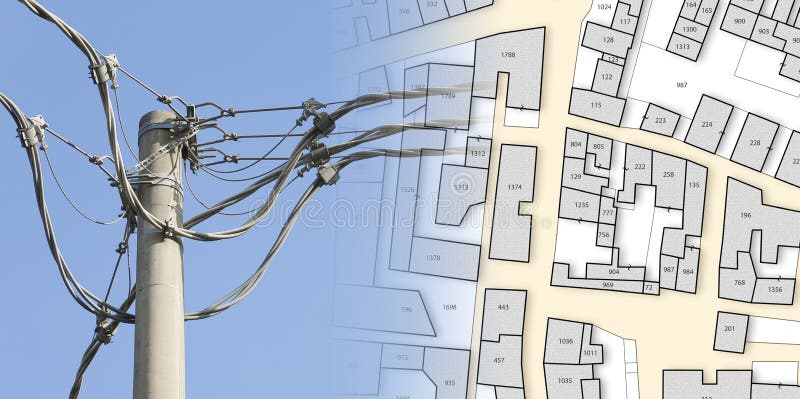 Concrete Pole with Telephone and Power Lines Against an Imaginary City ...