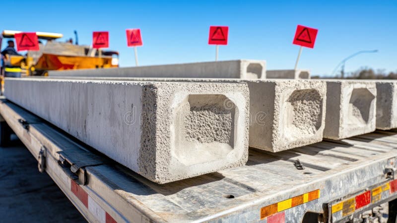 Concrete Posts Waiting for Unloading from Flatbed Trailer at ...