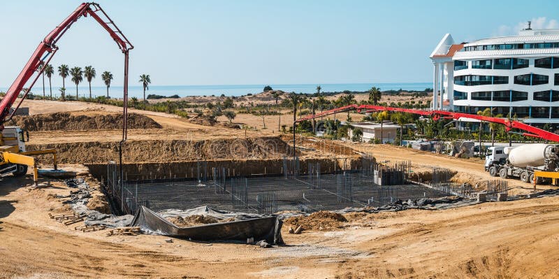 Concrete Pump Working on Reinforced Foundations at a Large Construction ...