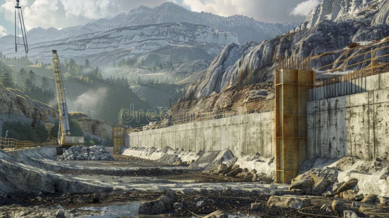 Concrete Retaining Wall Under Construction in Rugged Mountains with ...