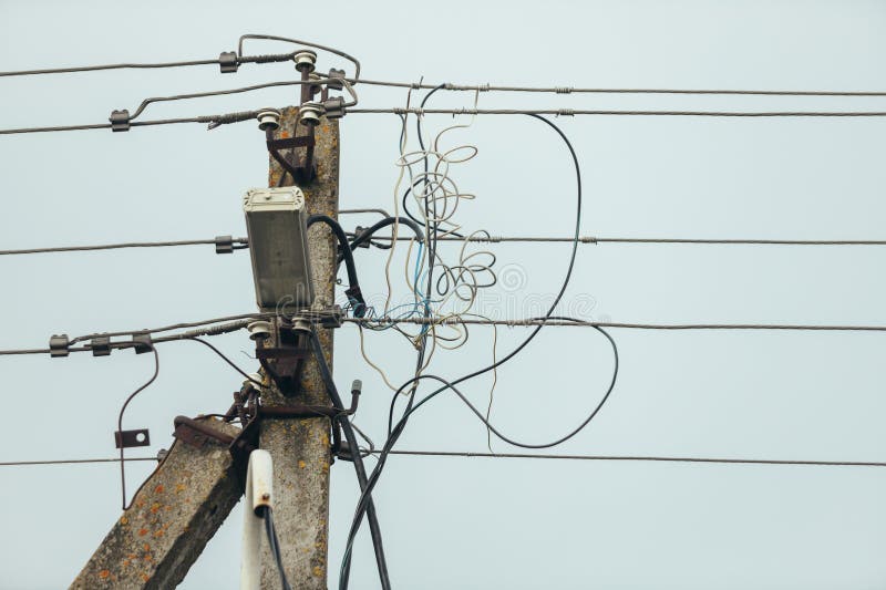 Concrete Rural Pillar with Numerous Electrical Wires and Connectors ...