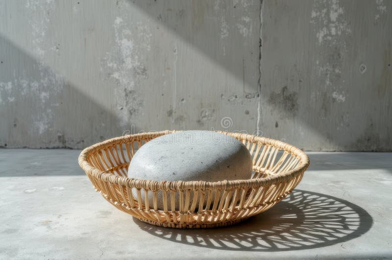 Concrete Sphere in Wicker Basket with Textured Wall Background and ...