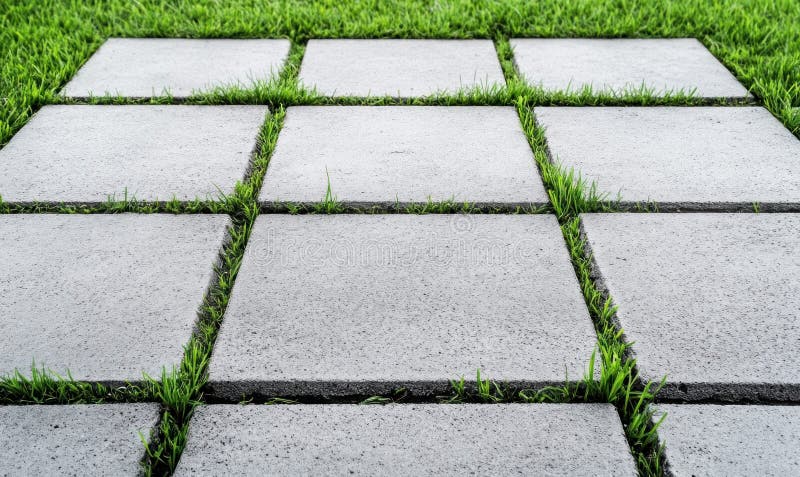 Concrete Square Tiles are Making a Pathway through a Garden, with Fresh ...