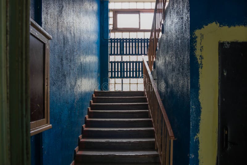 Concrete Staircase in an Old Soviet House. Walls Painted with Blue ...