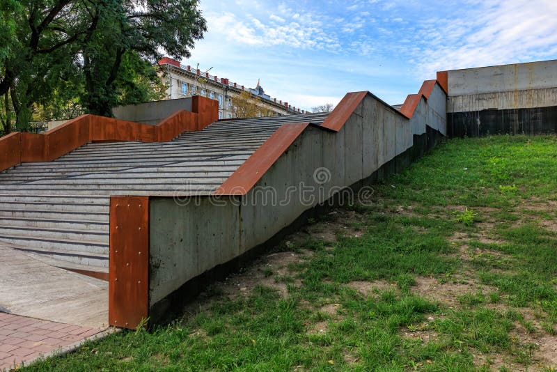 A Concrete Staircase with a Red Border and a Grey Wall Stock Photo ...