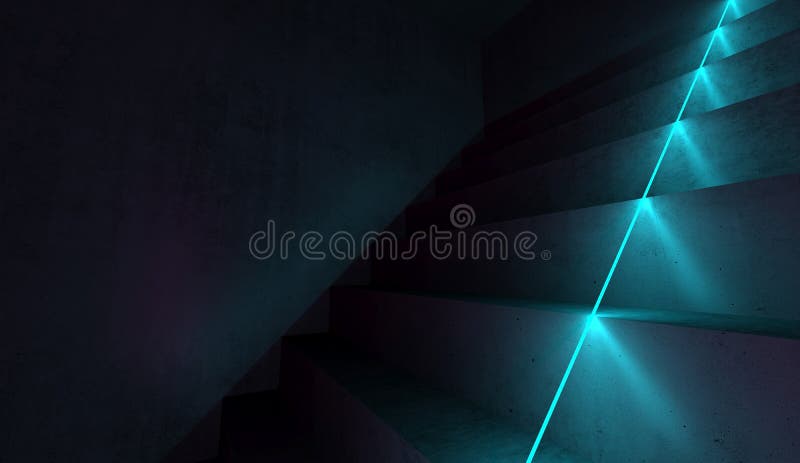 Concrete Stairs and Blue Neon Light Line, 3d Stock Illustration ...
