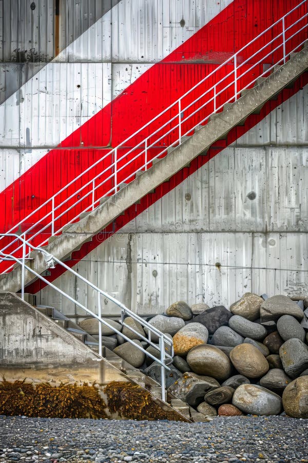 Concrete Stairs with a Bright Red Stripe Going Up Along a White ...