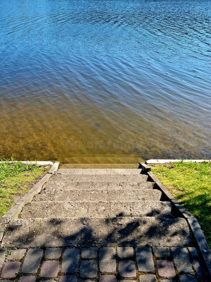 Concrete Stairs from the Greenery To the Water of the Lake Stock Image ...