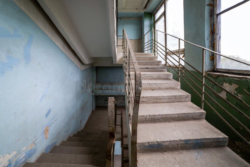 Concrete Stairs with Handrails in a Building in Need of Repair Stock ...