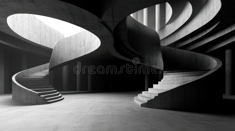Concrete Steps Ascend in Spiral Formation Underneath the Skylight with ...