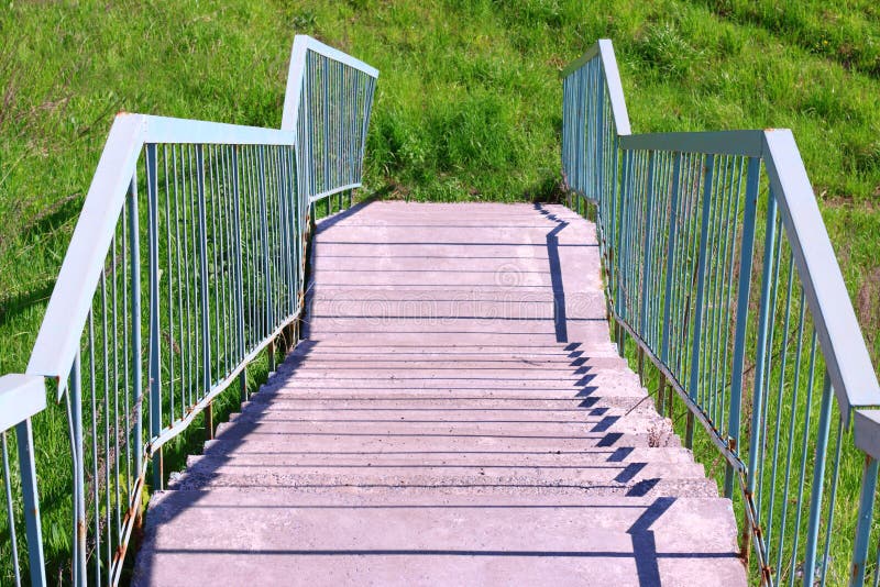 Concrete Steps, Metal Blue Railing and Green Grass Stock Photo - Image ...