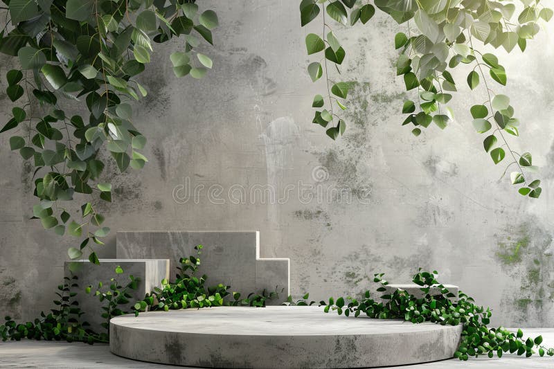 Concrete Stone Podium Stage with Green Foliage, Optimal Advertising ...