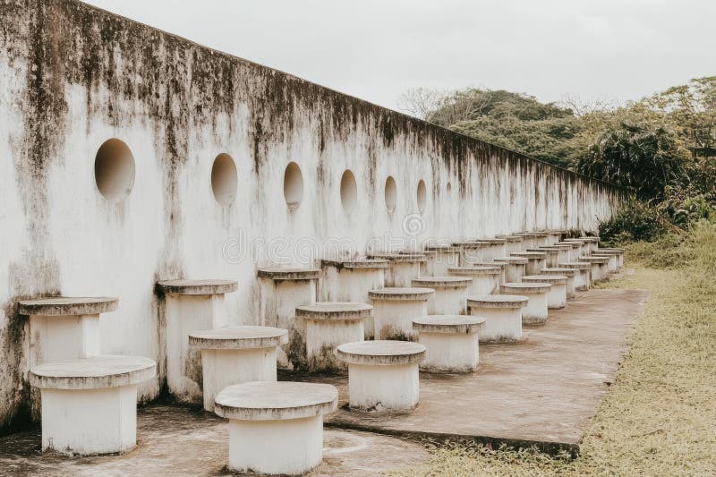 Concrete Stools and Wall with Circular Openings in Garden, Old ...