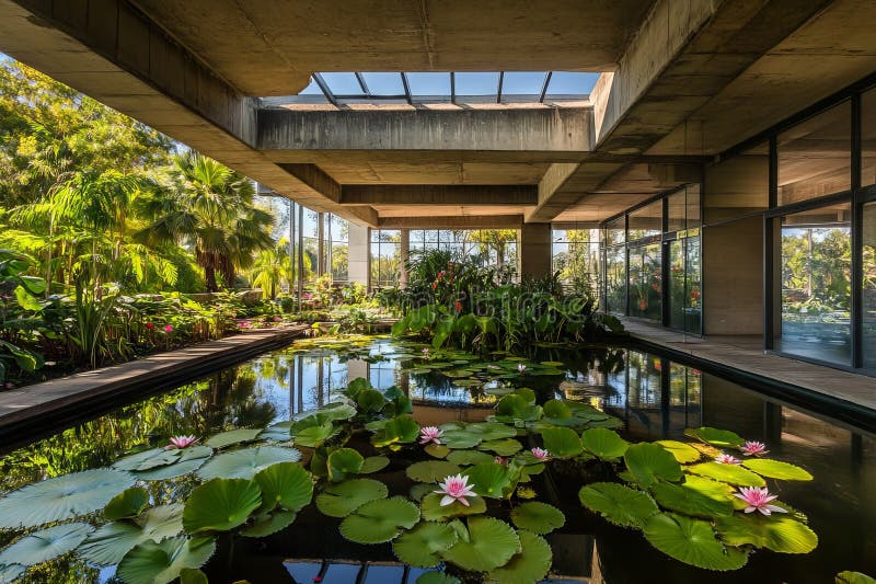 A Concrete Structure Enclosing a Reflective Pond, Surrounded by Lush ...