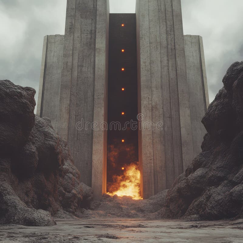 Concrete Structure with Lights and Fire, Gloomy Sky, Brutalist ...