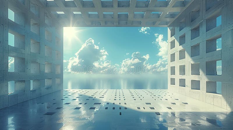 A Concrete Structure with a View of the Sky and Ocean through a Large ...