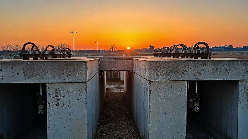 Concrete Structures at Sunset. Orange Sky, Setting Sun, Industrial Landscape Stock Video - Video ...