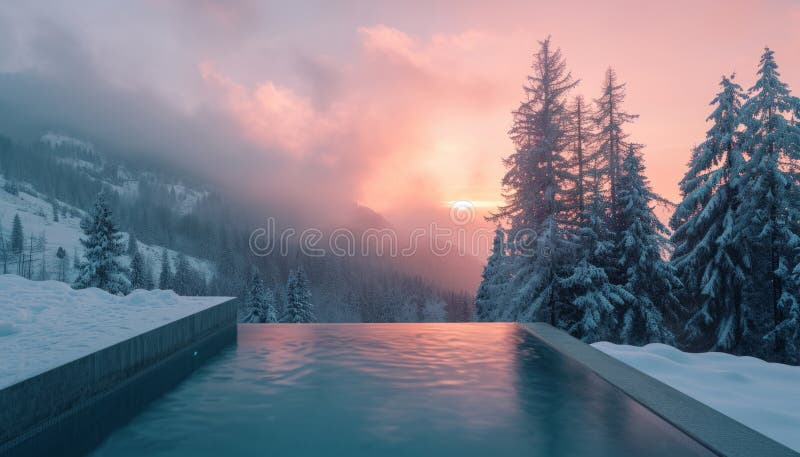 A Concrete Swimming Pool in the Mountain Under the Snow, Sunrise Stock ...