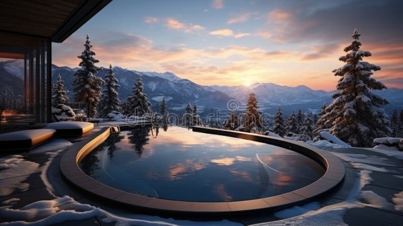 A Concrete Swimming Pool in the Mountain Under the Snow, Sunrise ...