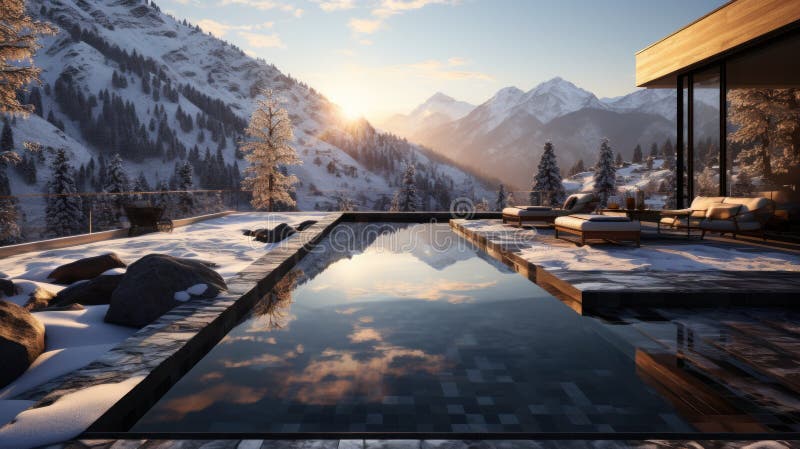 A Concrete Swimming Pool in the Mountain Under the Snow, Sunrise ...