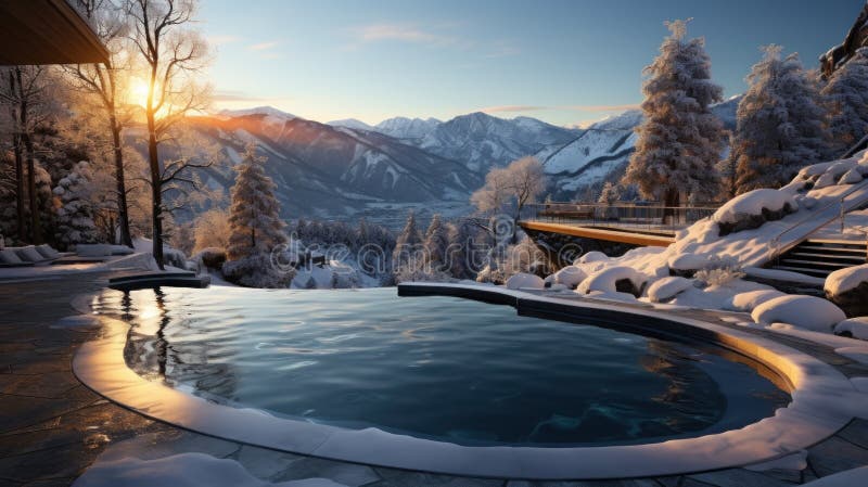 A Concrete Swimming Pool in the Mountain Under the Snow, Sunrise ...