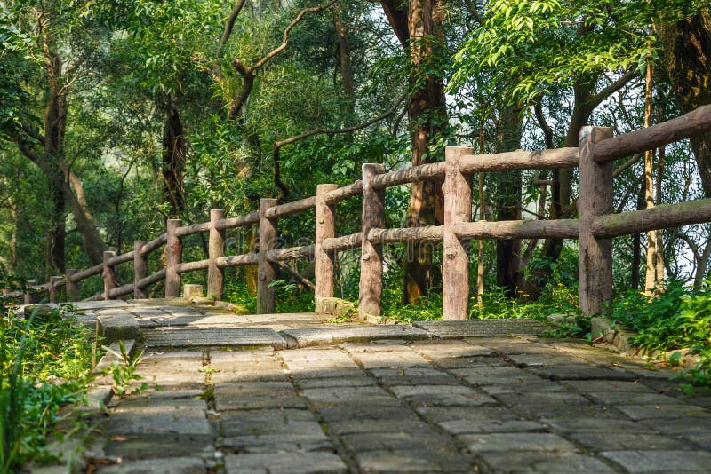 Concrete Tile Walkway with Log Railing Stock Photo - Image of spring ...