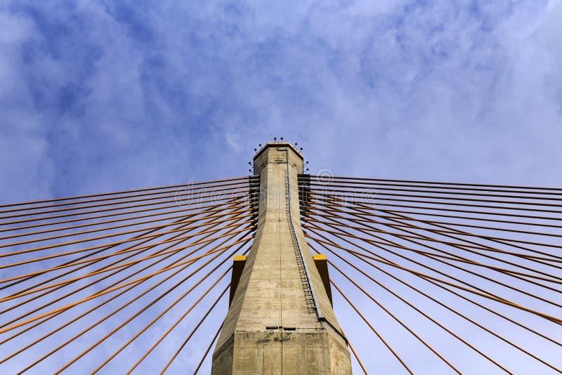 Concrete Tower and Cable Bridge with Cloud and Blue Sky Stock Photo ...