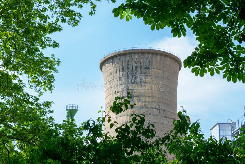 Concrete Tower Power Plant Hidden among Green Trees Vegetation Stock ...