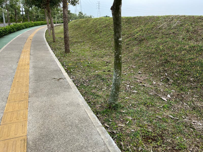 A Concrete Walkway beside a Grassy Slope and Trees in a Park-like ...