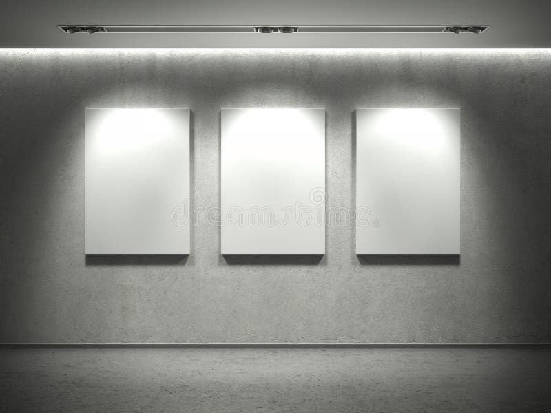 Concrete Wall with Empty Frames and 3 Spot Lights Stock Illustration ...