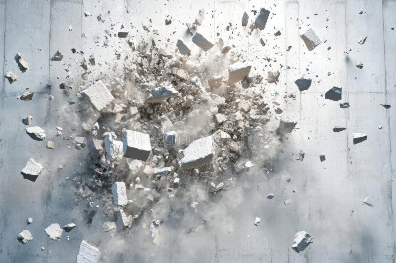Concrete Wall Explosion, Shattered Concrete Fragments and Dust Cloud ...