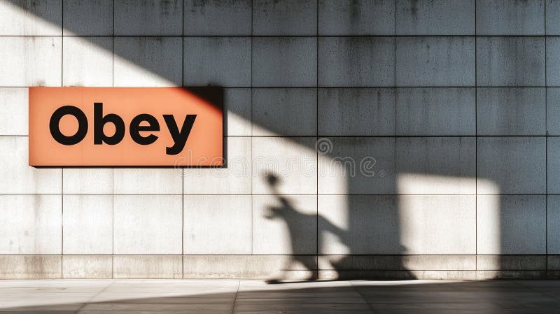 A Concrete Wall Features a Red Rectangular Sign with the Word "Obey" in ...