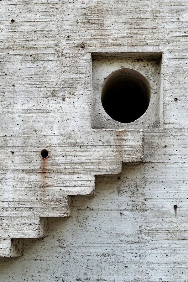 Concrete Wall Featuring Staircase and Round Window in Urban ...
